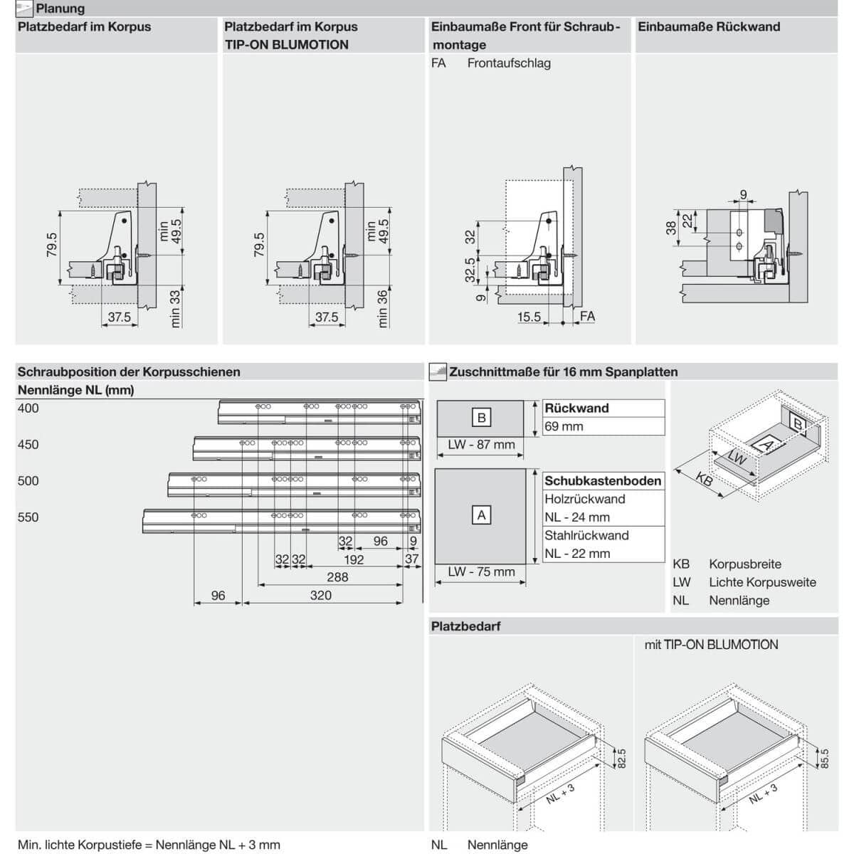 Blum drawer SET TANDEMBOX N, 68 mm high frame, 30 kg, white, with Tip ...